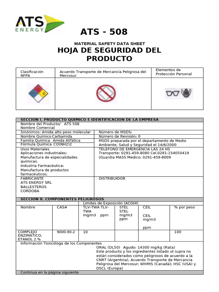 MSDS Ats 508 | PDF | Amoníaco | Solubilidad