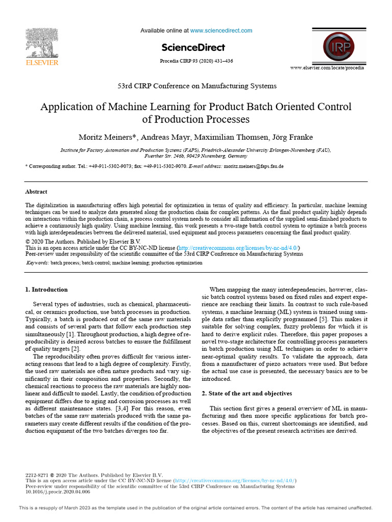 Application of Machine Learning For Product Batch Oriented Con - 2020 ...