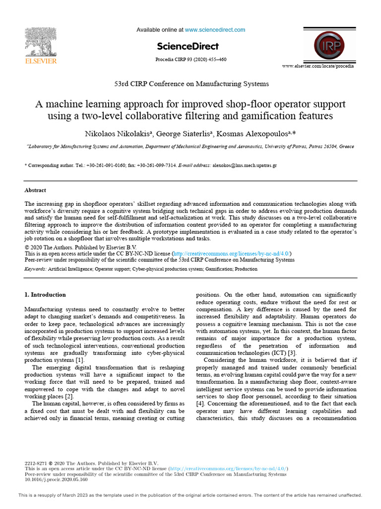 A Machine Learning Approach For Improved Shop Floor Operator Sup - 2020 - Proced | Download Free ...