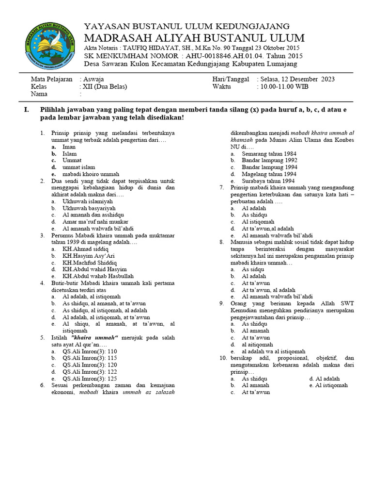 Soal Aswaja Ke-nu-An 12 Mabu - 011155 | PDF