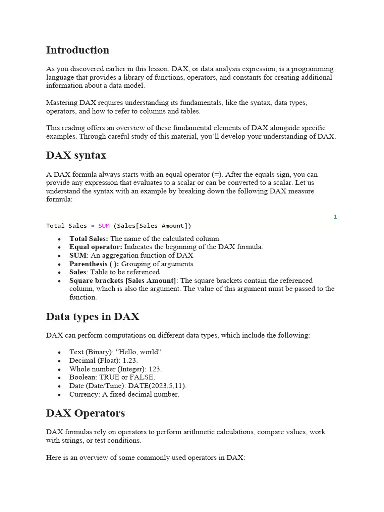 DAX Fundamentals and Functions Overview | PDF | Boolean Data Type | Data Type