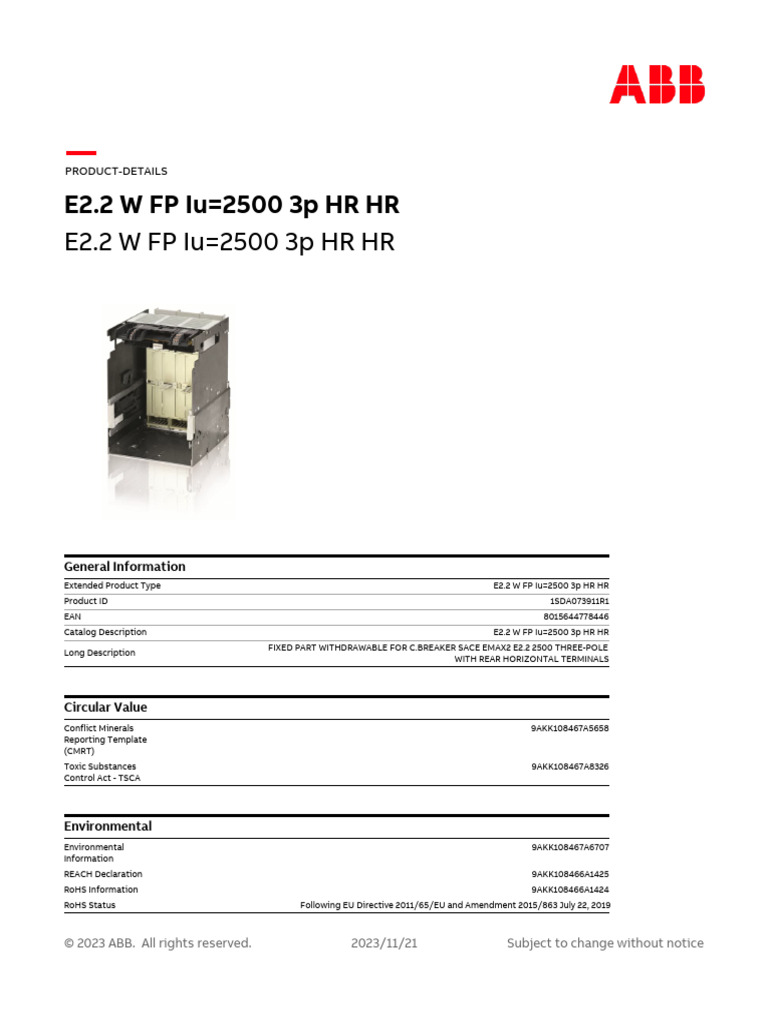 1SDA073911R1 E2 2 W FP Iu 2500 3p HR HR | PDF | Electrical Components | Electromagnetism