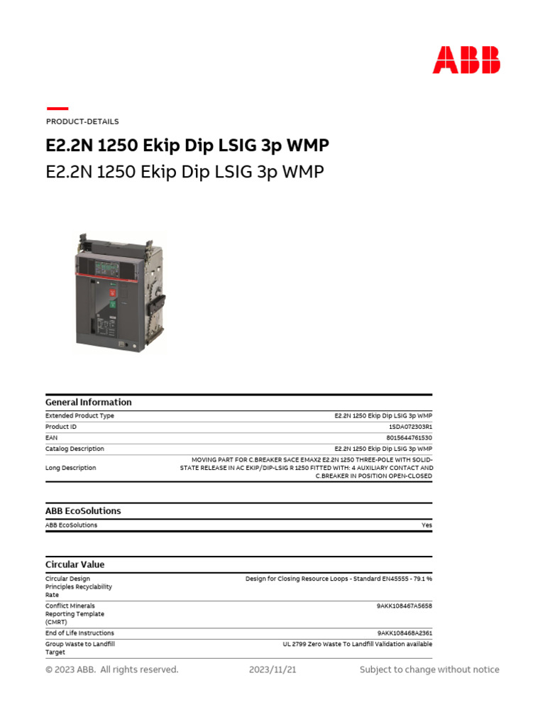 1SDA072303R1 E2 2n 1250 Ekip Dip Lsig 3p WMP | PDF | Waste | Materials