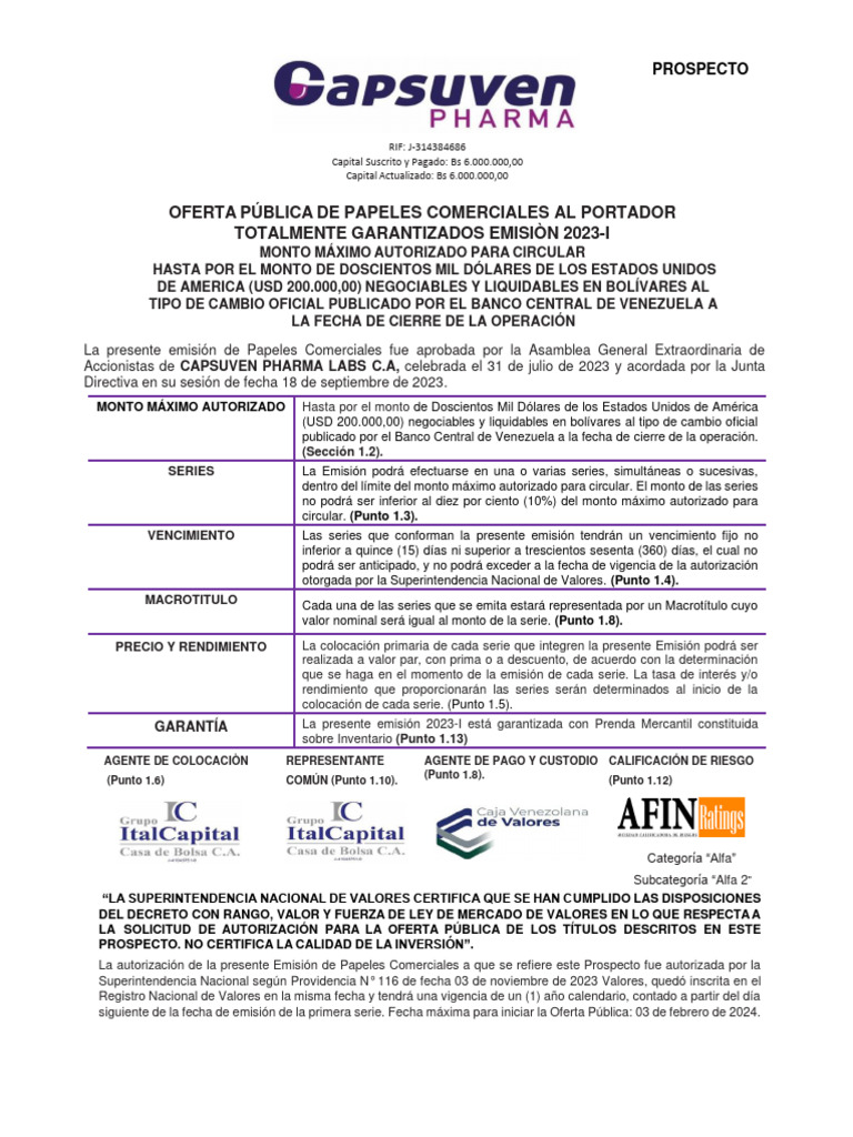 Prospecto Oferta Publica Papeles Comerciales Capsuven Pharma Labs, CA | PDF | Bolsa | Farmacia