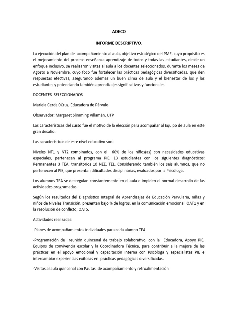 Informe Descriptivo | PDF | Salón de clases | Maestros