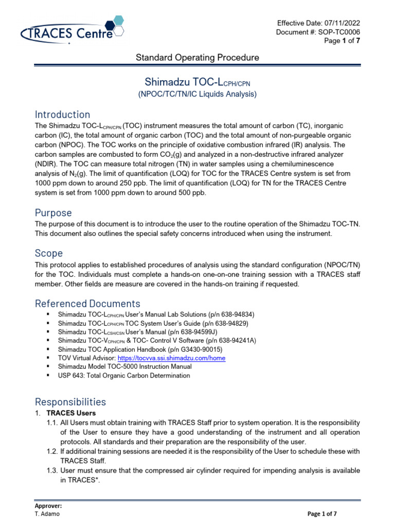 TRACES TOC Analyzer SOP | PDF | Total Organic Carbon | Physical Sciences