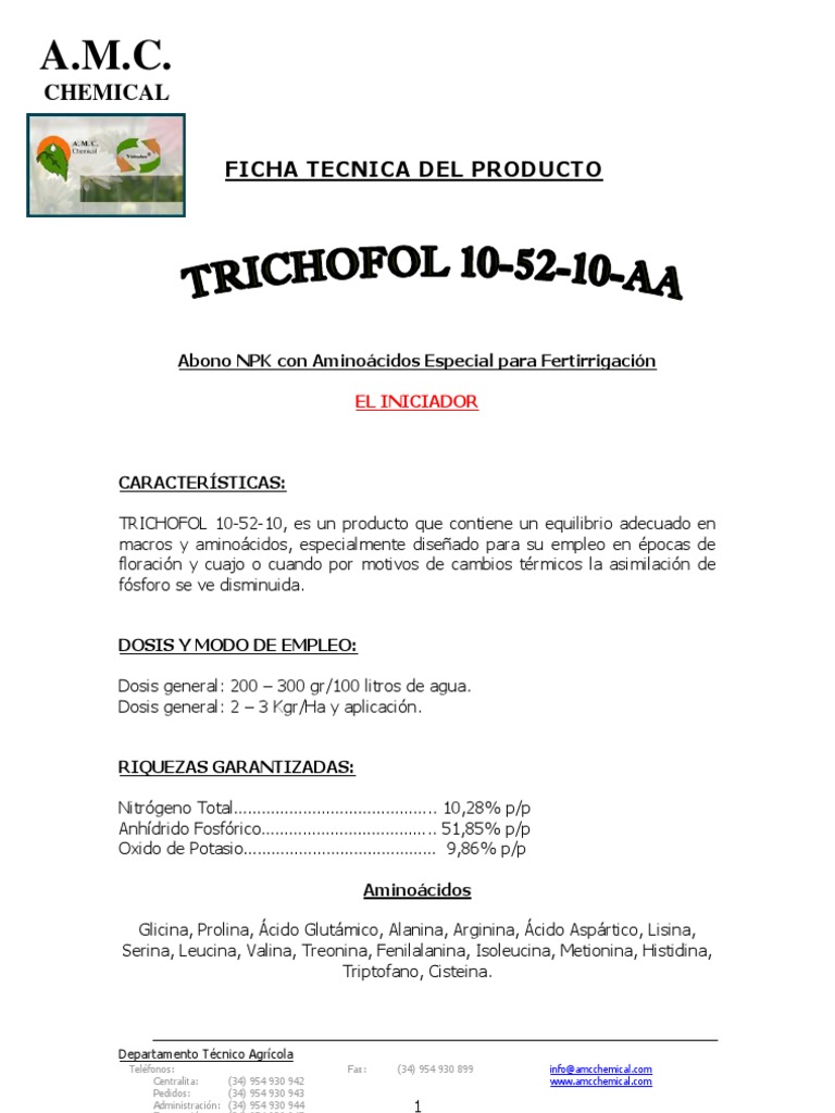 Ficha Tecnica Trichofol 10-52-10 Aa | PDF