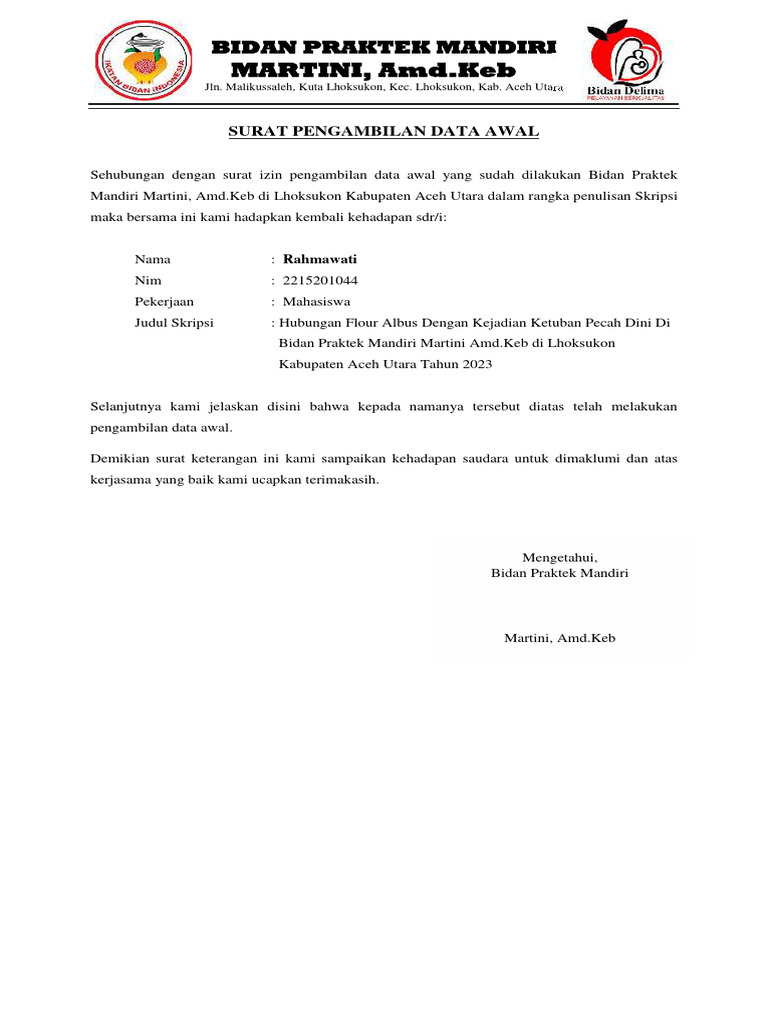 Surat Pengambilan Data Awal | PDF