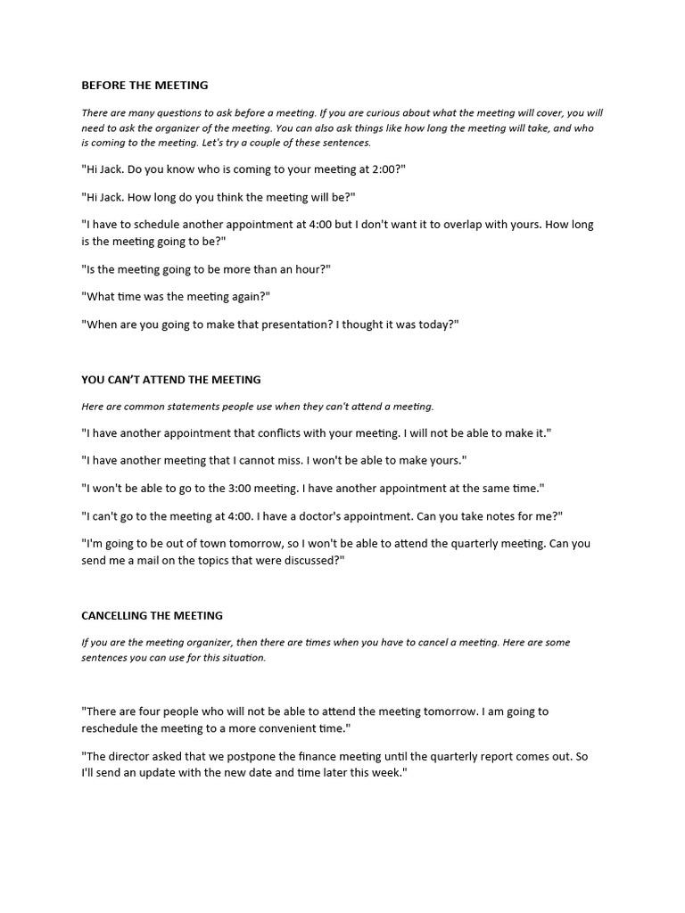 MEETING Dialogue Examples | PDF | Question | Communication