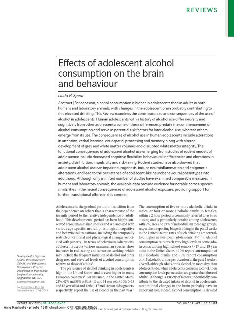 Effects of Adolescent Alcohol Consumption On The Brain and Behaviour | PDF | Adolescence ...