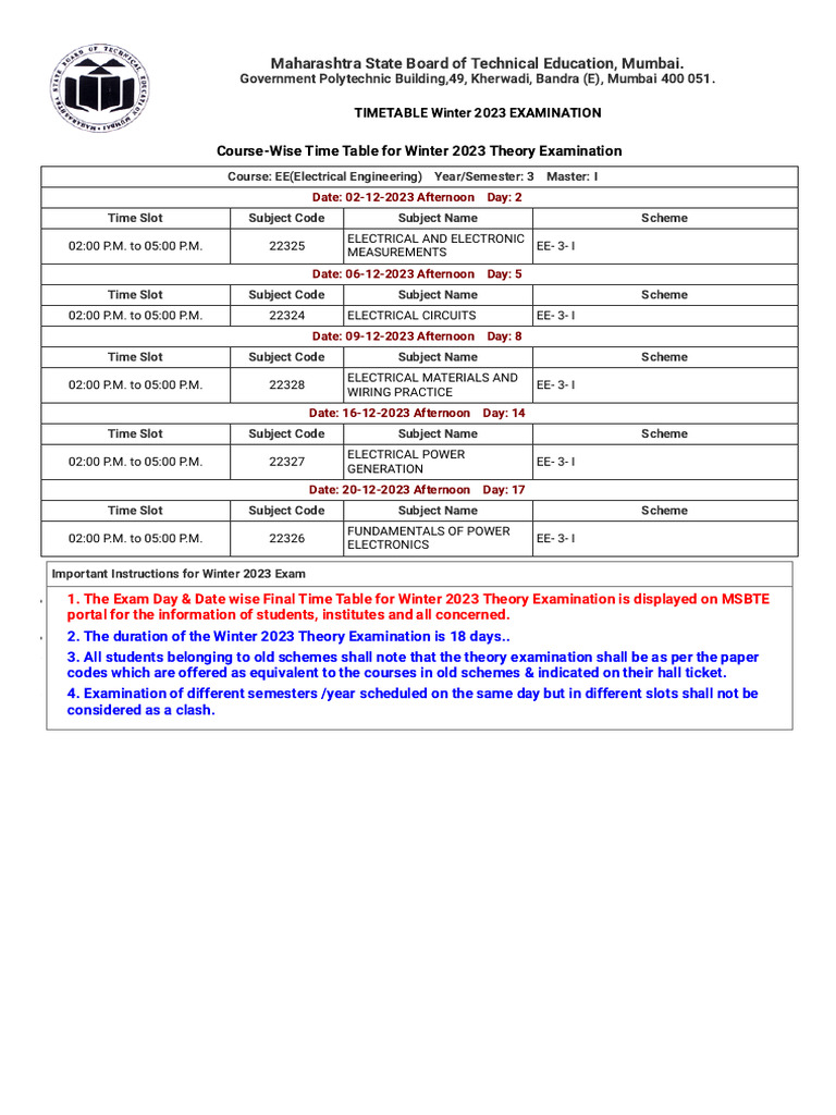 Time Table For Winter 2023 Theory Examination | PDF | Engineering | Physical Sciences