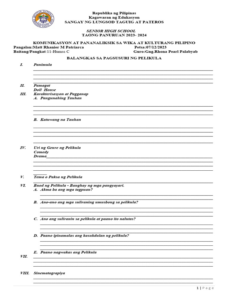 Balangkas Sa Pagsusuri NG Pelikula | PDF