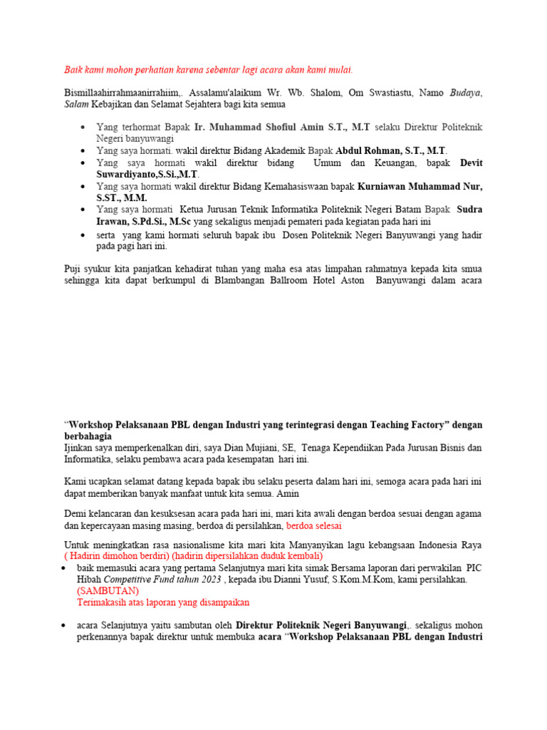 Teks Pembukaan MC Workshop PBL | PDF