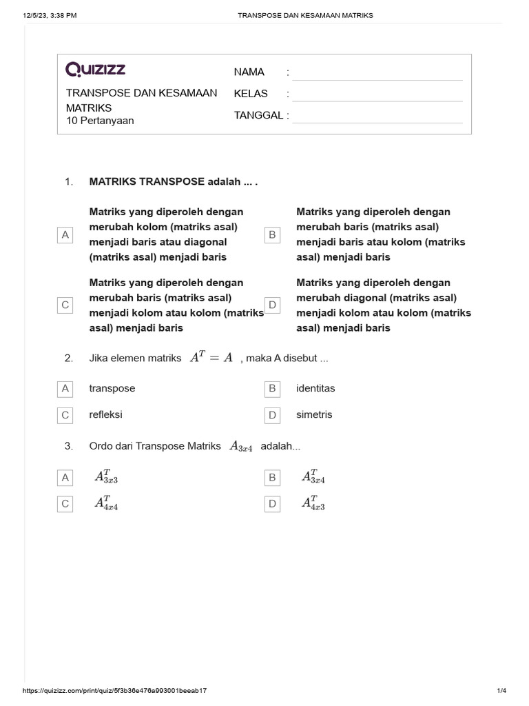 Soal Transpose dan Kesamaan Matriks | PDF | Metode & Bahan Ajar