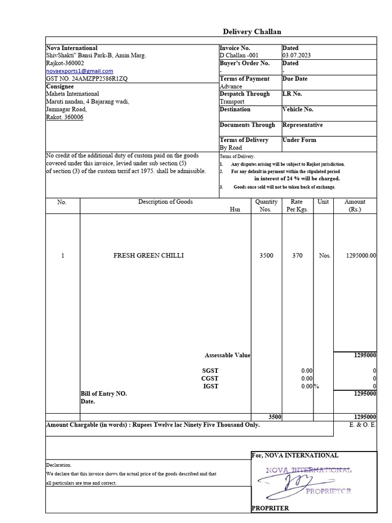 Delivery Challan No.E001 Maheta Ent. | PDF | Invoice | Trade