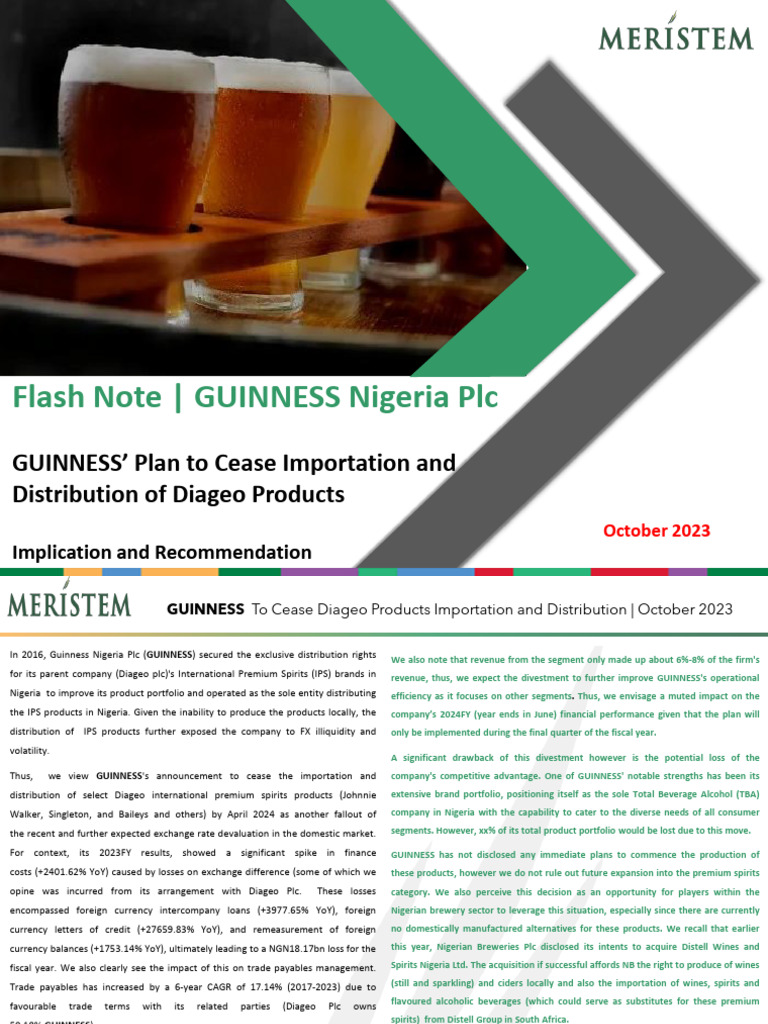 Flash Note On GUINNESS Plan To Cease Distribution and Importation of Diageo Products | PDF ...