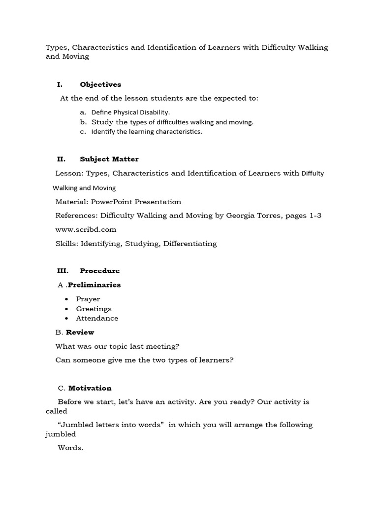 Semi-Detailed-Lesson Plan | PDF | Cerebral Palsy | Disability