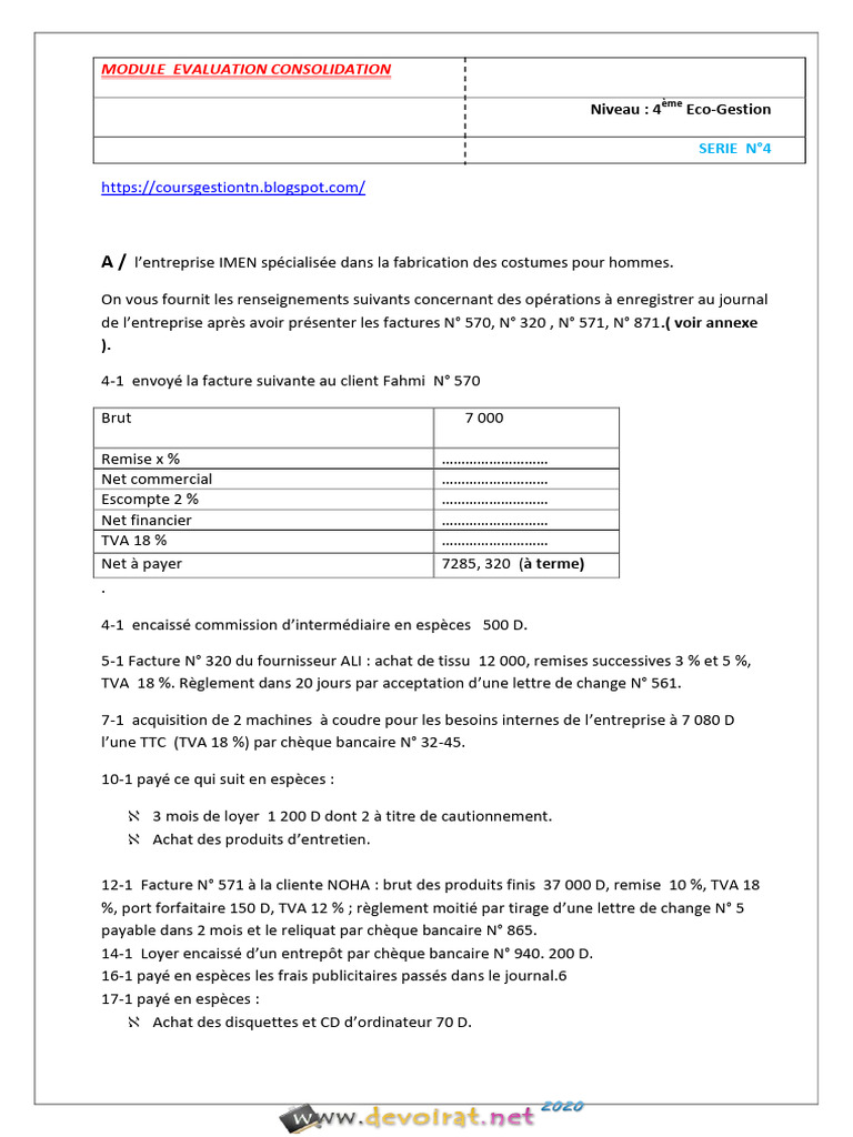 Série D'exercices N°4 Avec Correction - Gestion - MODULE EVALUATION CONSOLIDATION - Bac Economie ...