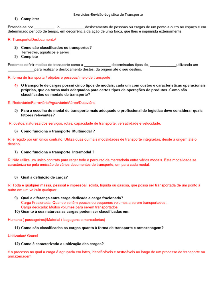 Exercicios Prova 01 - Gabarito | PDF | Transporte | Seguro