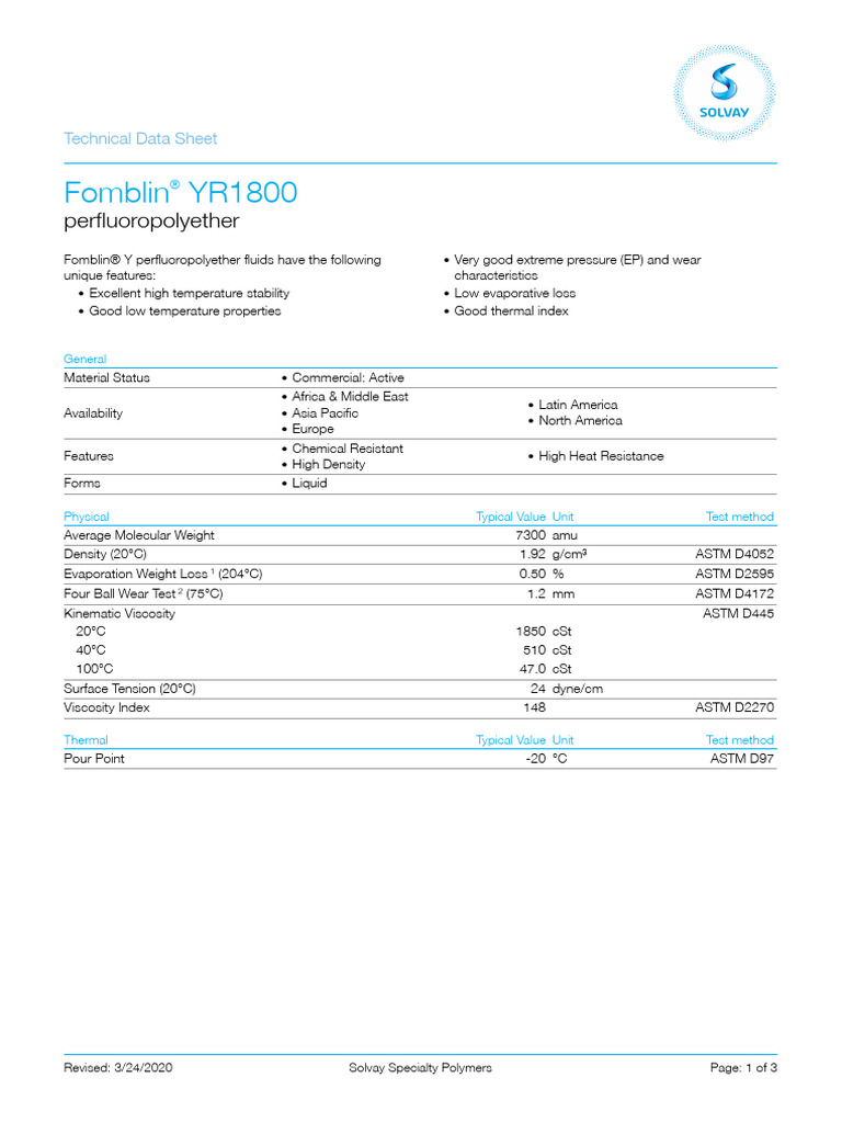 Solvay - Fomblin YR1800 | PDF | Viscosity | Density