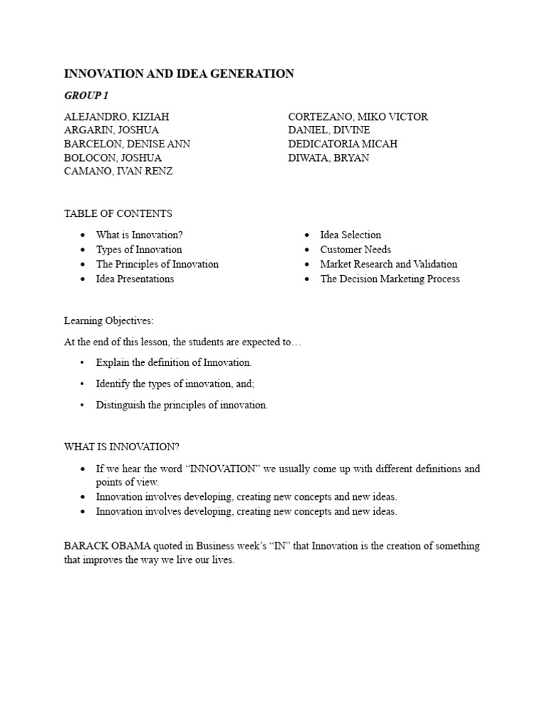 INNOVATION AND IDEA GENERATION. Group 1 Report | PDF | Innovation ...