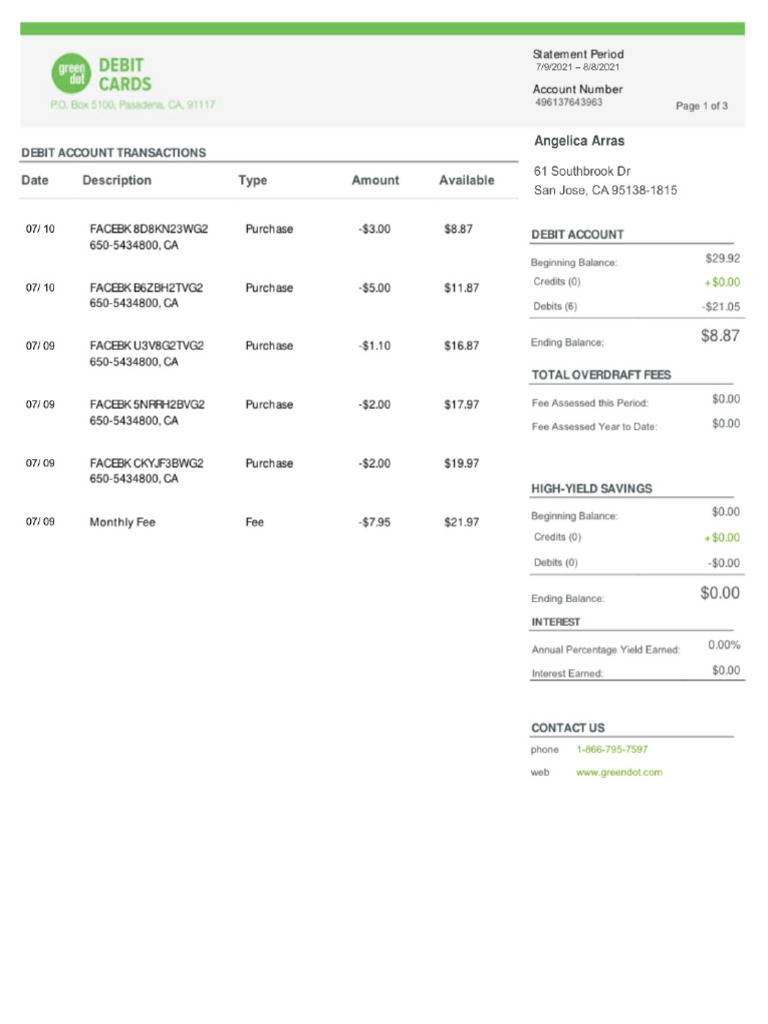 Green Dot Bank Statement | PDF