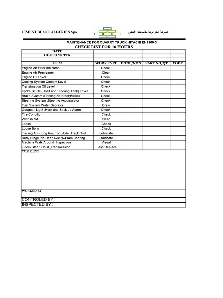 Hitachi EH1100-3 Truck Maintenance Checklist | PDF | Axle | Truck