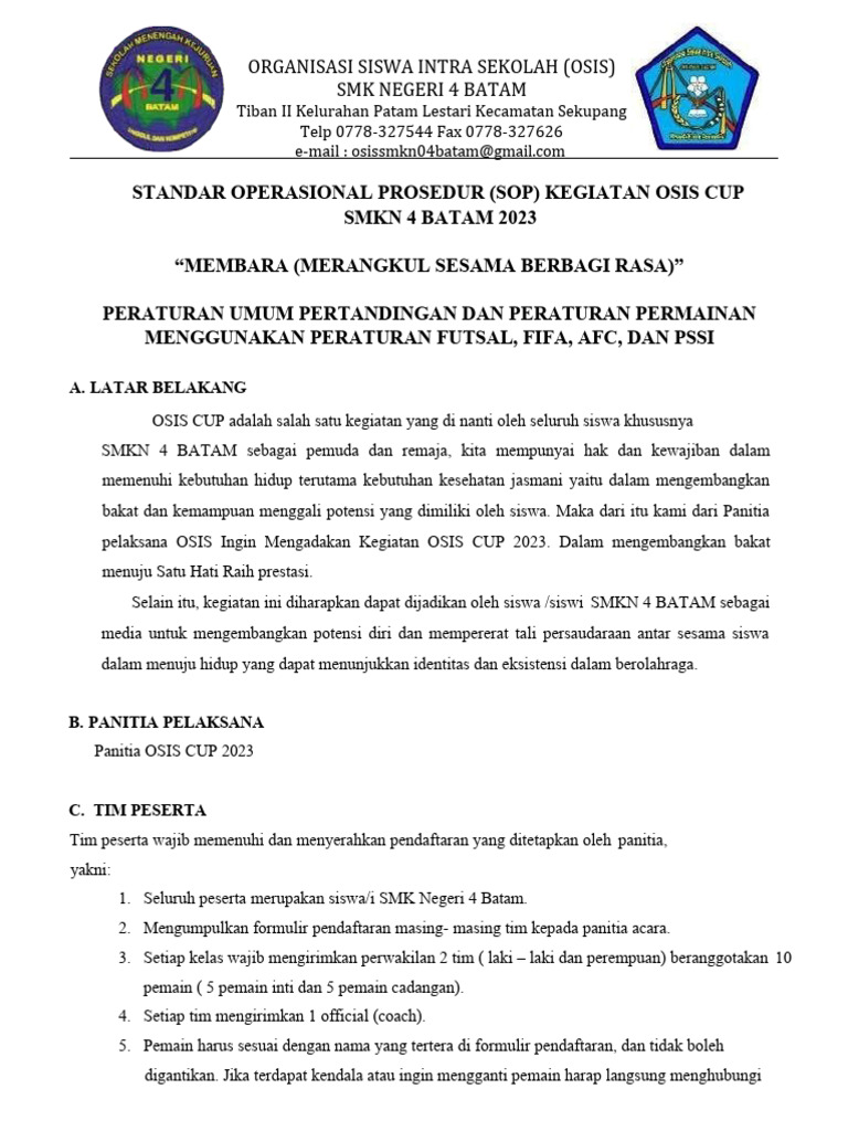 SOP OSIS CUP 2023 SMK Negeri 4 Batam | PDF