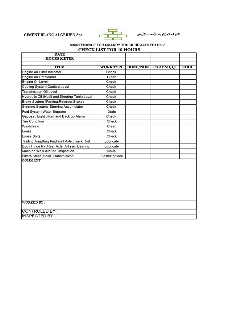 Hitachi EH1100-3 Truck Maintenance Checklist | PDF | Axle | Truck