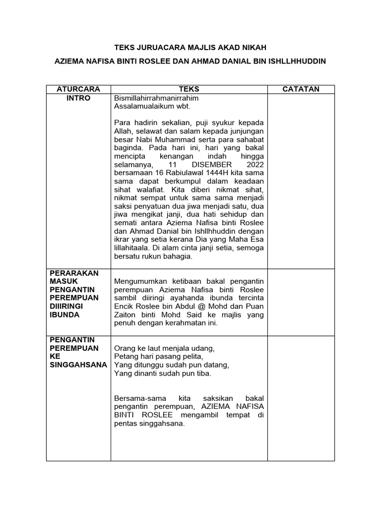 Teks Juruacara Majlis Akad Nikah Aziema Dan Danial | PDF Teks Juruacara Majlis Akad Nikah Aziema Dan Danial | PDF