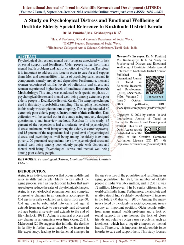 A Study On Psychological Distress and Emotional Wellbeing of Destitute Elderly Special Reference ...