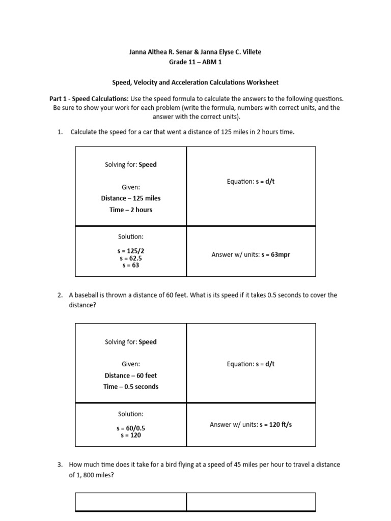 Speed, Velocity, and Acceleration Worksheet | PDF | Speed | Velocity