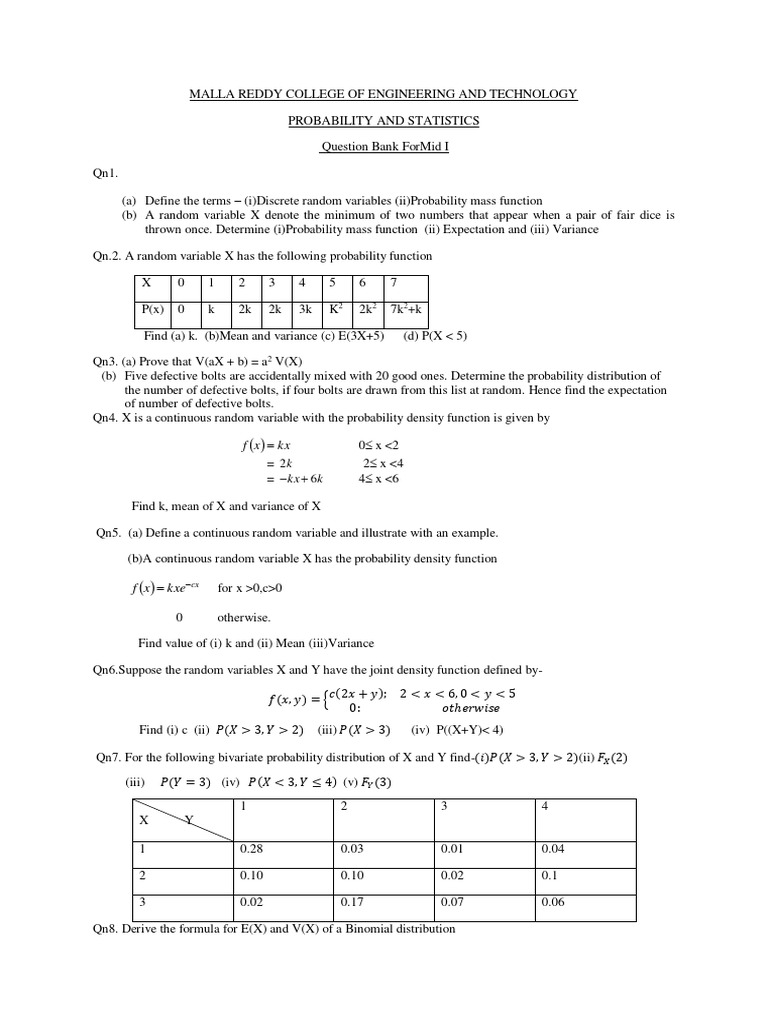 Probability and Statistics Question Bank | PDF | Expected Value | Random Variable