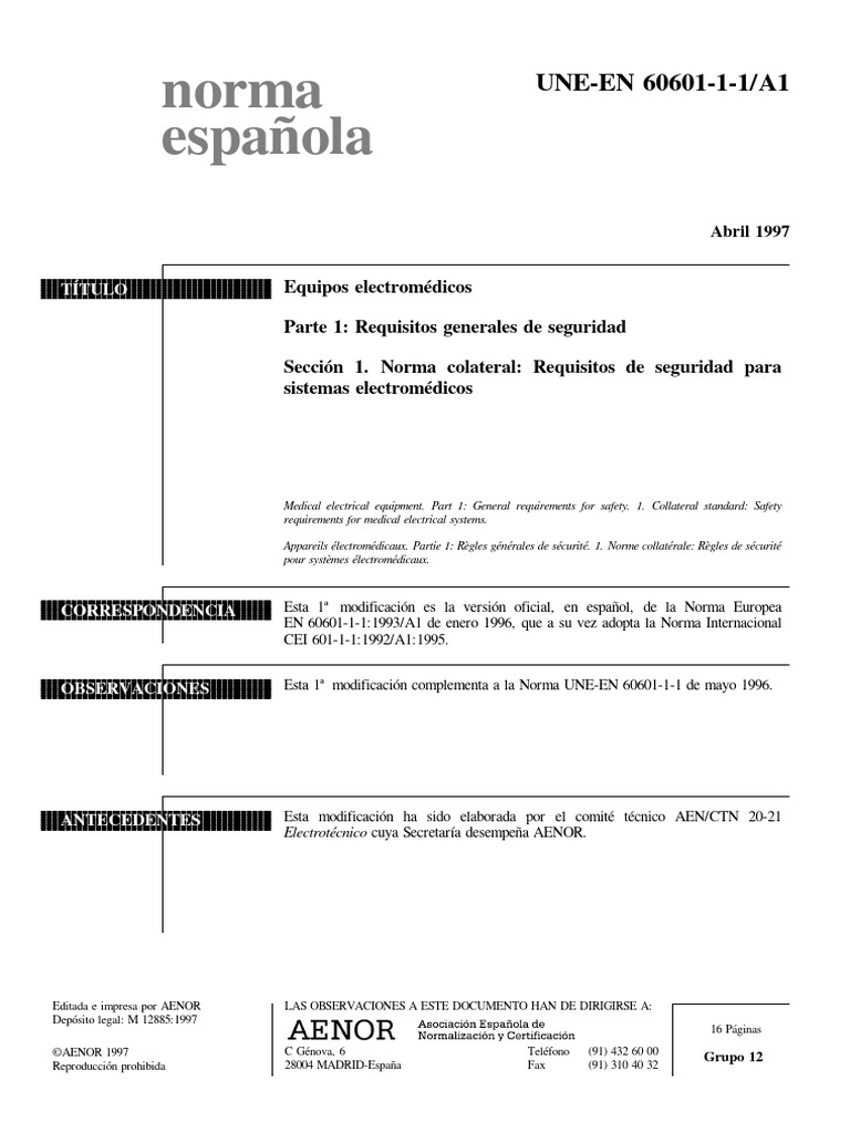 Norma Española: UNE-EN 60601-1-1/A1 | PDF | Transformador | Corriente ...