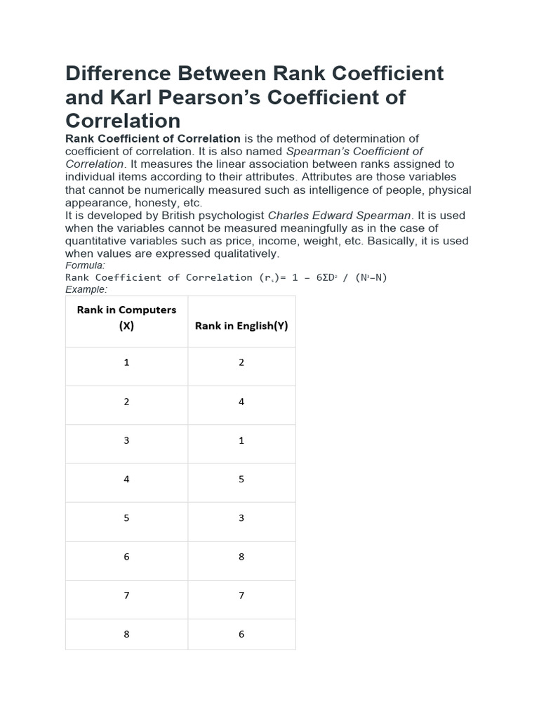Difference Between Rank Coefficient And Karl Pearson 10 Pdf Standard Deviation Statistics