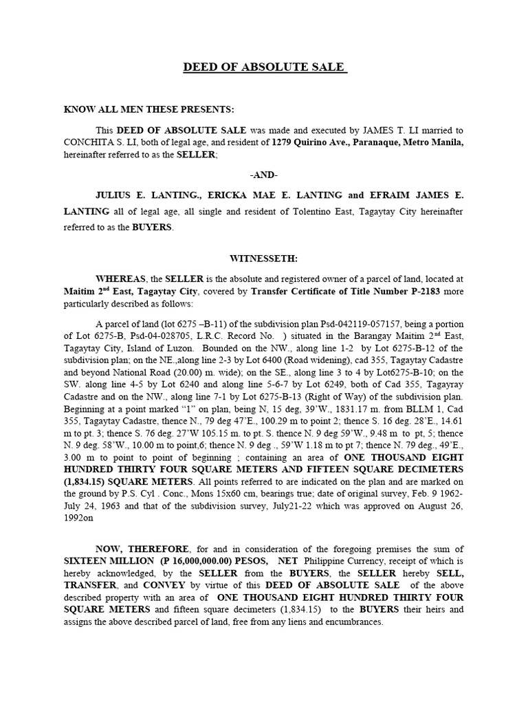 Deed of Absolute Sale Template | PDF | Environmental Law | Property Law