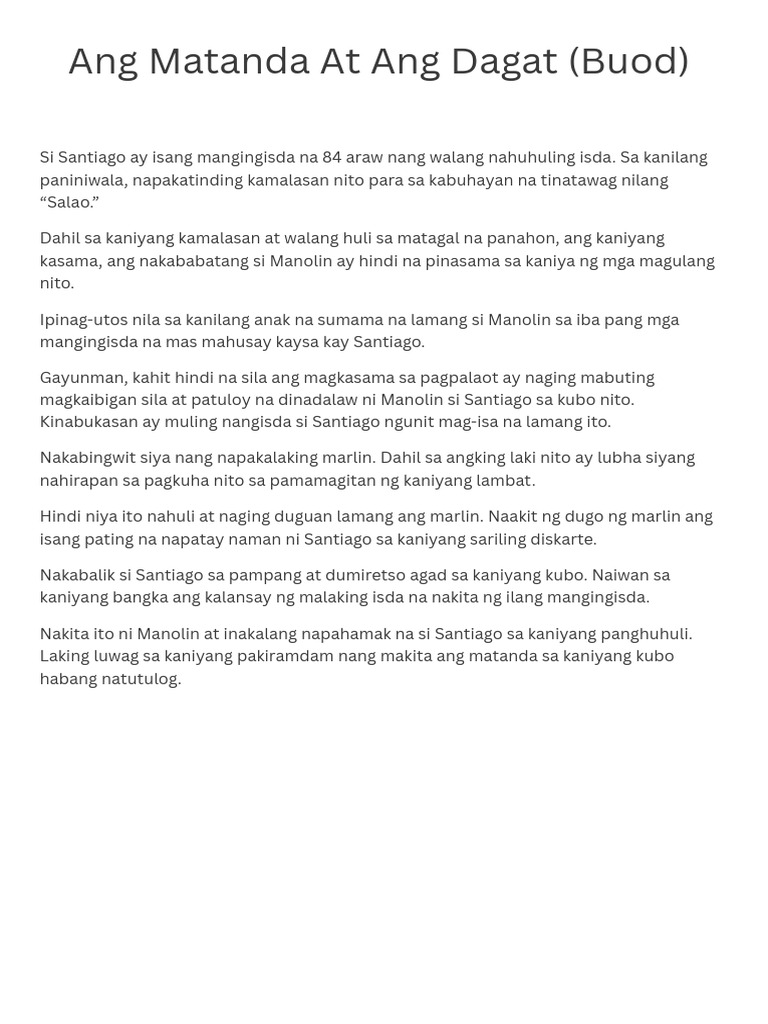Ang Matanda at Ang Dagat (Buod) | PDF Ang Matanda at Ang Dagat (Buod) | PDF