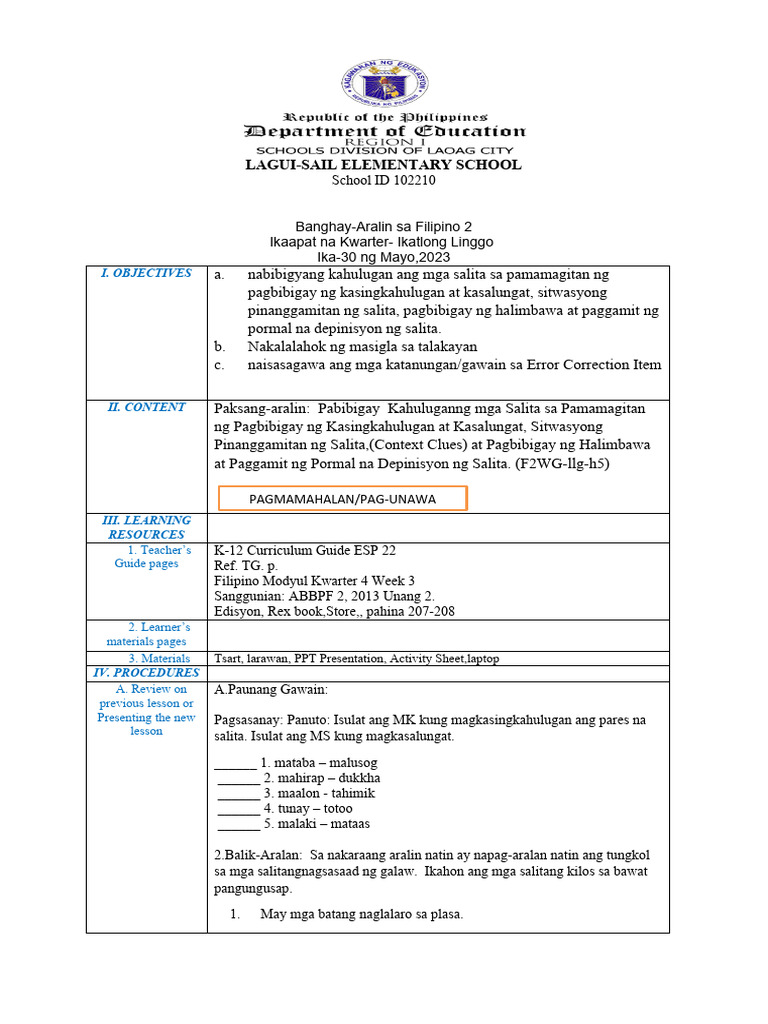 EVALUATED - LESSON PLAN FILIPINO Gr.2 Final MOV Q4 | PDF