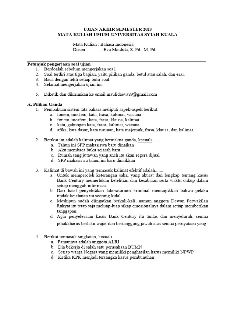 Soal Final MKU Bahasa Indonesia | PDF | Seni & Disiplin Bahasa