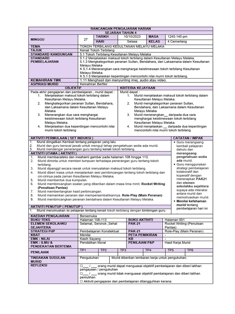 RPH Minggu 27 Sej THN 4 2023 | PDF