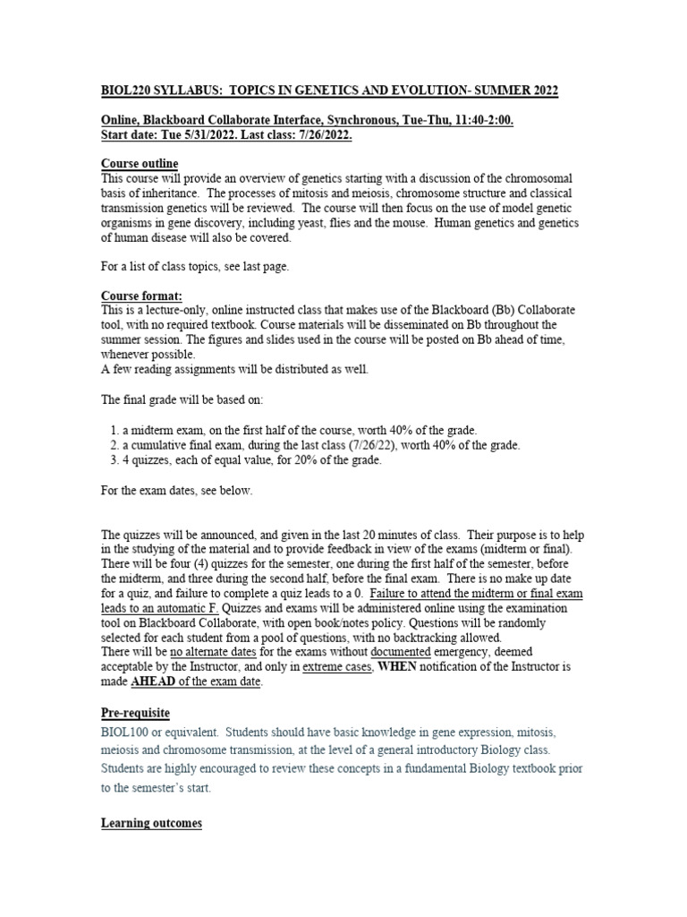 Biol220 Su 2022 Syllabus PDF | PDF | Genetics | Gene Biol220 Su 2022 Syllabus PDF | PDF | Genetics | Gene