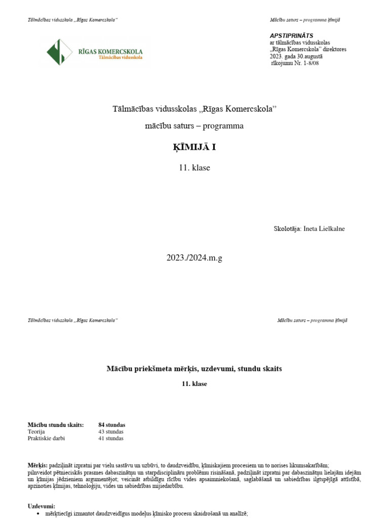 Macibu Programma Kimija I 11kl IL | PDF
