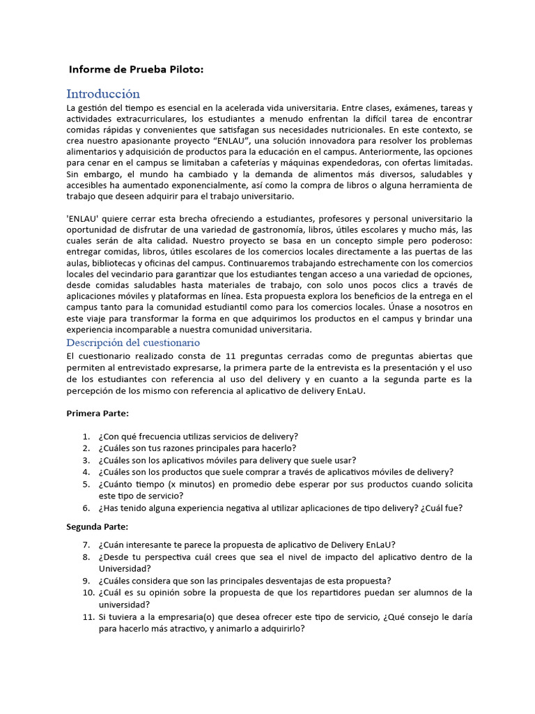 Informe de Prueba Piloto | PDF | Entrega (Comercio) | Aplicación movil