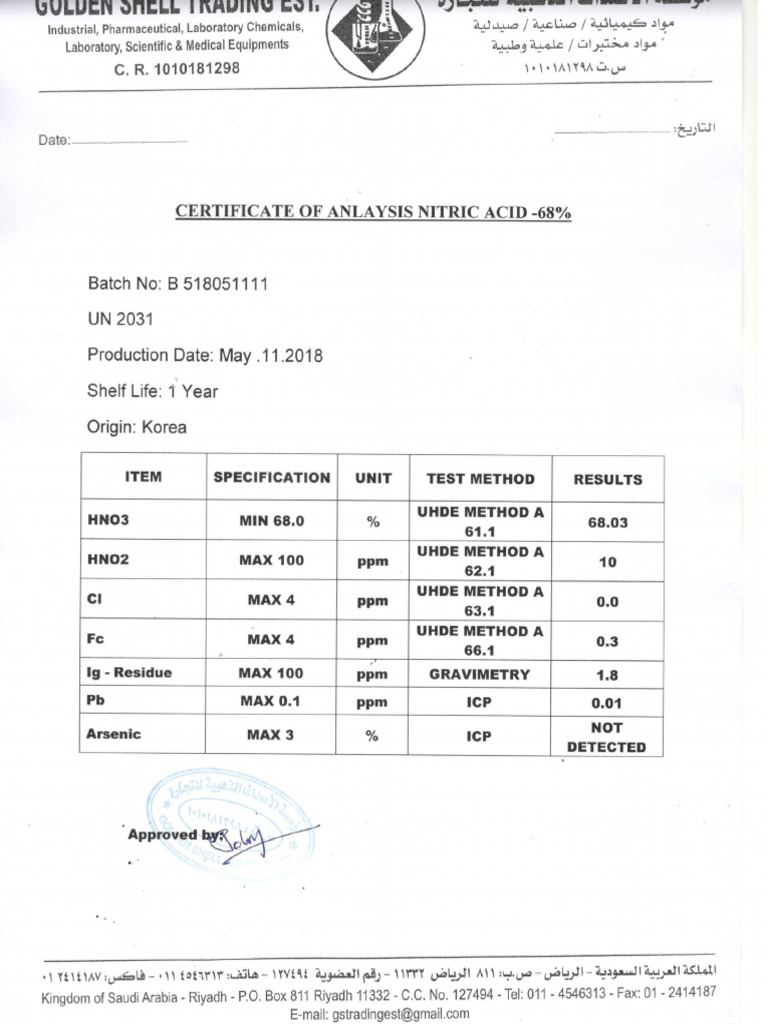COA NItric Acid-68% | PDF