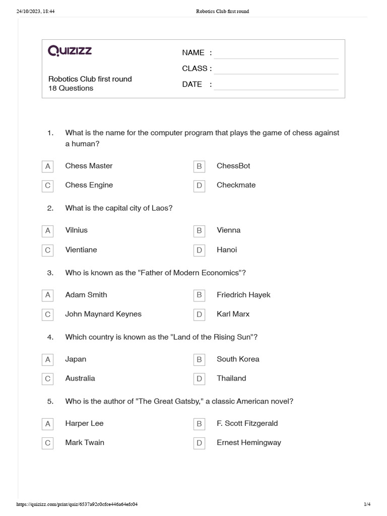 Robotics Club Quiz: AI and General Knowledge | PDF | Artificial ...