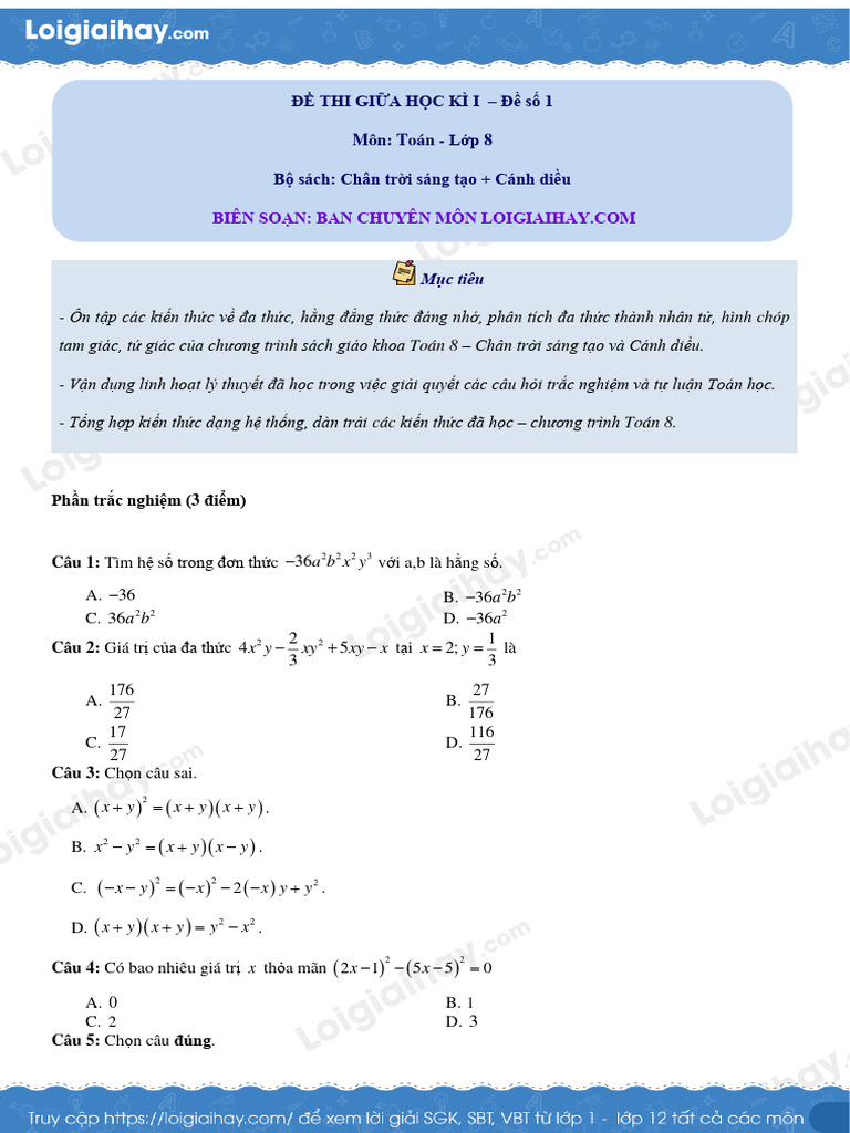 Tong Hop de Kiem Tra Giua Hoc Ki 1 Toan 8 Canh Dieu Chi Tiet 1697519103 | PDF