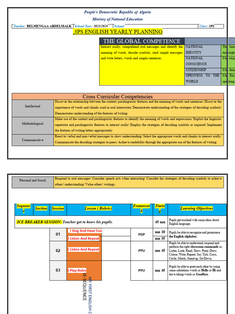 3PS English Yearly Planning 2023-2024 | PDF | Phoneme | Word