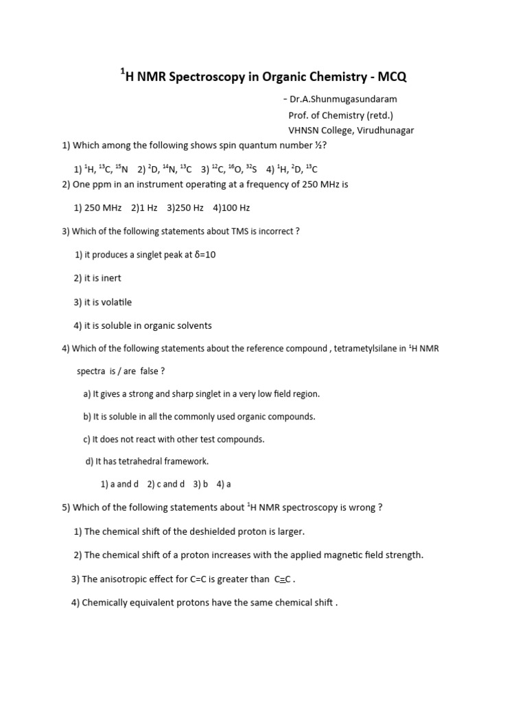 1H NMR Spectroscopy in Organic Chemistry - MCQ | PDF | Proton Nuclear ...