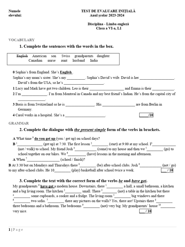Test Initial Engleza Clasa A VI-a | PDF | Linguistics
