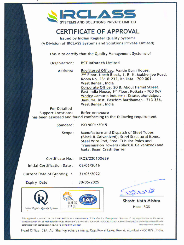 ISO 9001 2015 Certificate Till 2025 | PDF